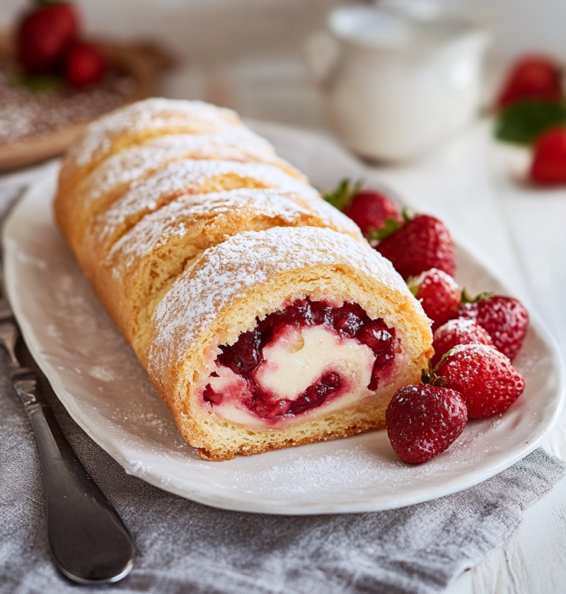 Einfaches Rezept für Erdbeer Biskuitrolle mit Sahnefüllung